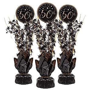 3 Pack 50th Birthday Decorations, Black and Gold 50th Anniversary Cascading Centerpieces (14.5 Inches)