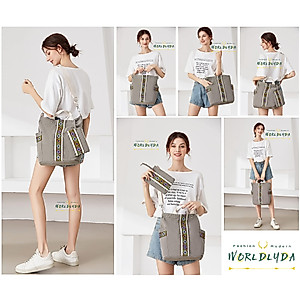 Worldlyda Women Canvas Tote Purse Large Retro Shoulder Bag Casual Crossbody Hobo Top Handle Handbags with Embroidery Ethnic(Oliver Green)