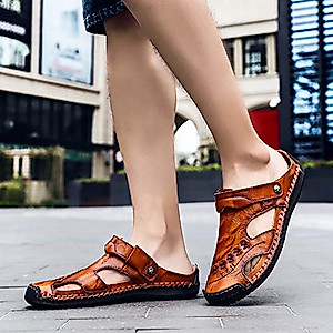 MIXSNOW Mens Leather Sandals Summer Casual Water Shoes Walking Outdoor Beach Travel Slippers （Yellow Brown 42）