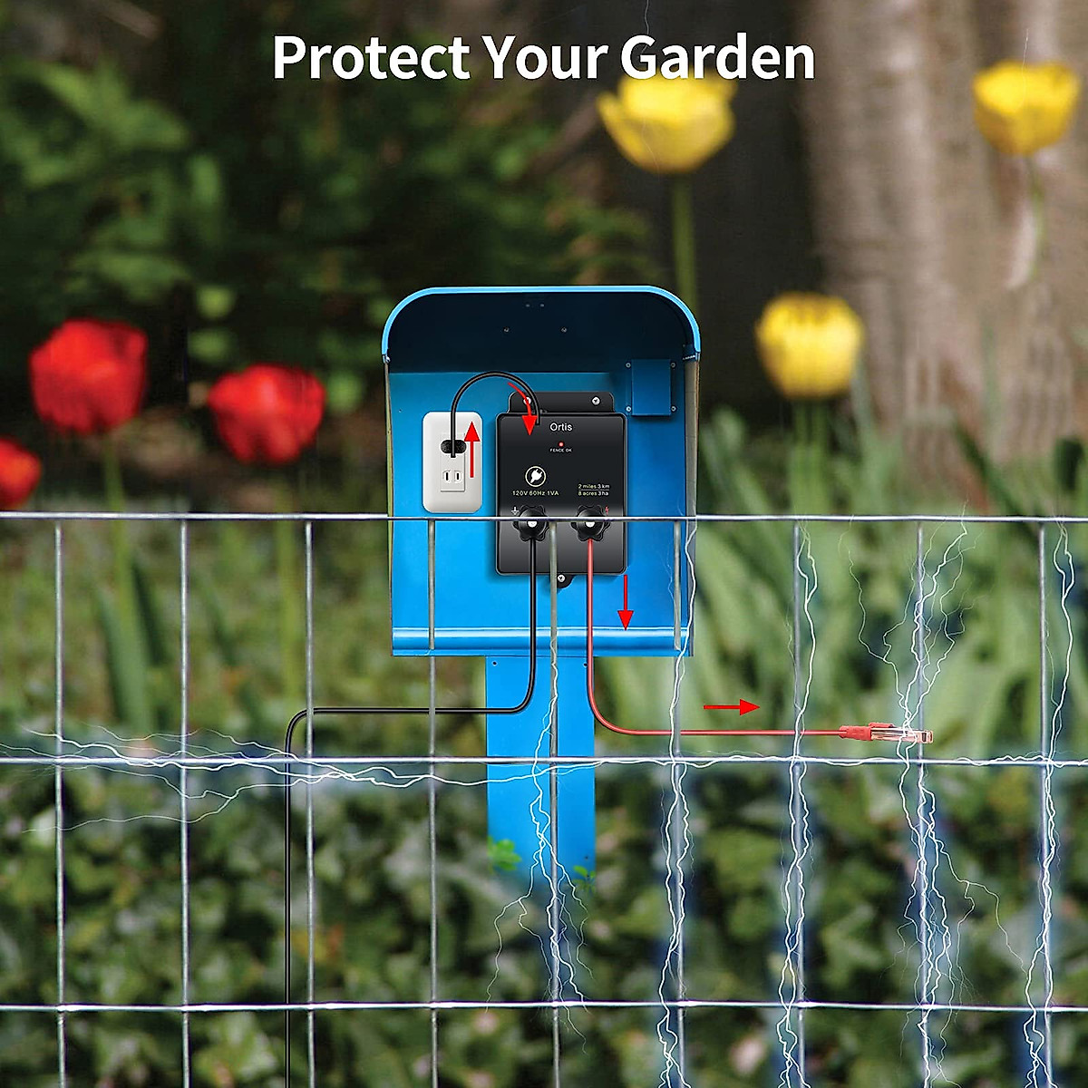 Electric Fence Energizer, Ortis 2-Mile/ 8 Acres Electric Fence Controller for Dogs, Livestock, Squirrels, Used for Gardens, Chicken Coops, 0.1 Joule