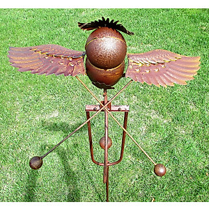 Big Sky Antiques Wing Flapping Kinetic Metal Brown Owl Yard Stake Rocking Wind Spinner Whirly-Gig Garden Art,Multicolor,21.5x 12.5x 55inch
