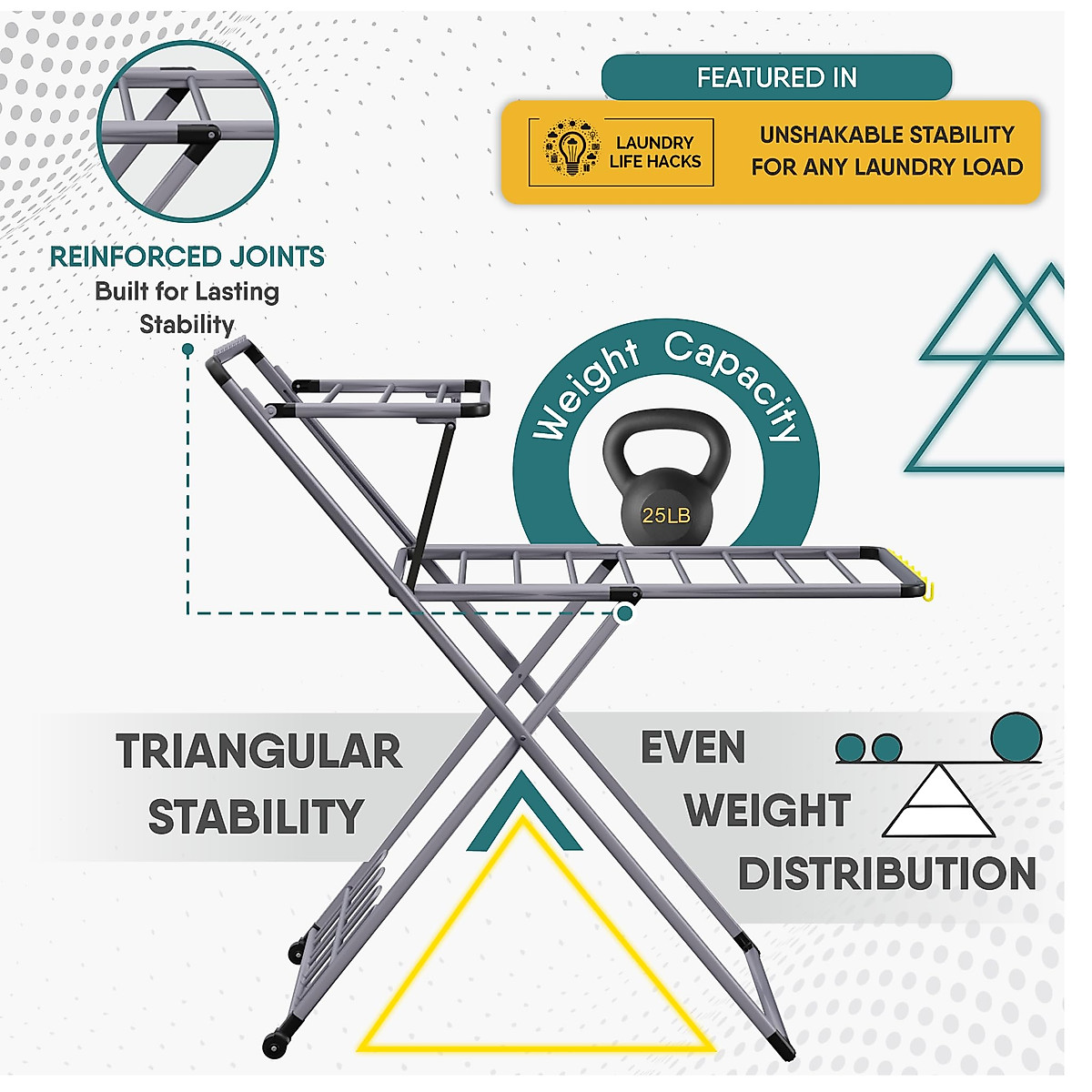 XABITAT Foldable Clothes Drying Rack with Shoe Hanger | Metal Construction, Non-Slip Feet | Dual Layer with Hooks | Hidden Wheels | Space Saving Portable | Ideal for Laundry Room, Indoor & Outdoor