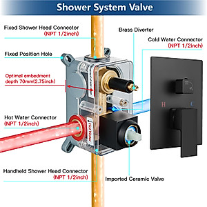 Midanya Matte Black Rain Shower System Wall Mount Shower Faucet Set 8 Inch Square High Pressure Showerhead with Hand Sprayer Rough-In Valve Body and Trim Included Mixer Shower Combo Set Bathroom