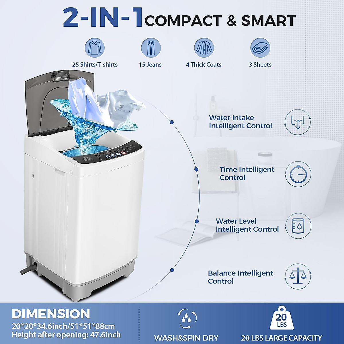 Nictemaw Portable Washing Machine 20Lbs Large Capacity 2.8 Cu.ft Laundry Machine with 10 Programs and 8 Water Levels Selections Compact Washer Machine for Apartment, Home, Dorms, Rv