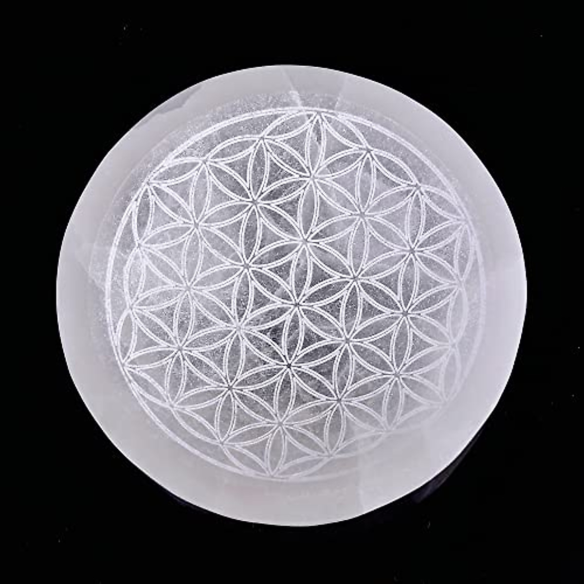 CNYANFEI 4” Flower of Life Etched Selenite Bowl for Charging Selenite Tray Natural Crystal Holder Bowl White Satin Spar Crystal Decorative Stone Bowl for Jewelry Storage Gemstone Altar Decor