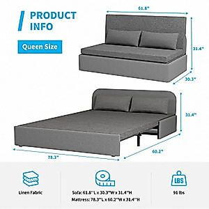 Mjkone Pull Out Sofa Bed, 2-in-1 Modern Convertible Sleeper Sofa Couch, Queen Size Linen Revesible Couch Bed with Cushions&Throw Pillows for Small Place/Apartment/Living Room/Office (Dark Gray)