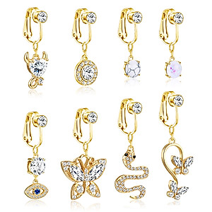 FIBO STEEL 8Pcs Fake Belly Rings Clip on Belly Button Rings Surgical Steel Opal CZ Non Piercing Dangle Navel Rings Fake Belly Piercing Jewelry gold