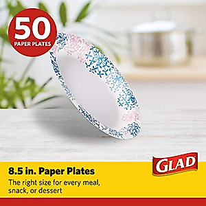 Glad Round Disposable Paper Plates for All Occasions | Soak/ Cut Proof, Microwaveable Heavy Duty Disposable 8.5" Diameter, 50 Count Bulk Plates, Pink Hydrangea