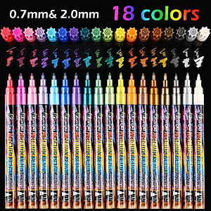 18 Colors Metallic Marker Pens, 0.7 mm Extra Fine Point Paint Pen, Metallic Painting Pens, Metallic Permanent Markers for Cards Writing Signature Lettering