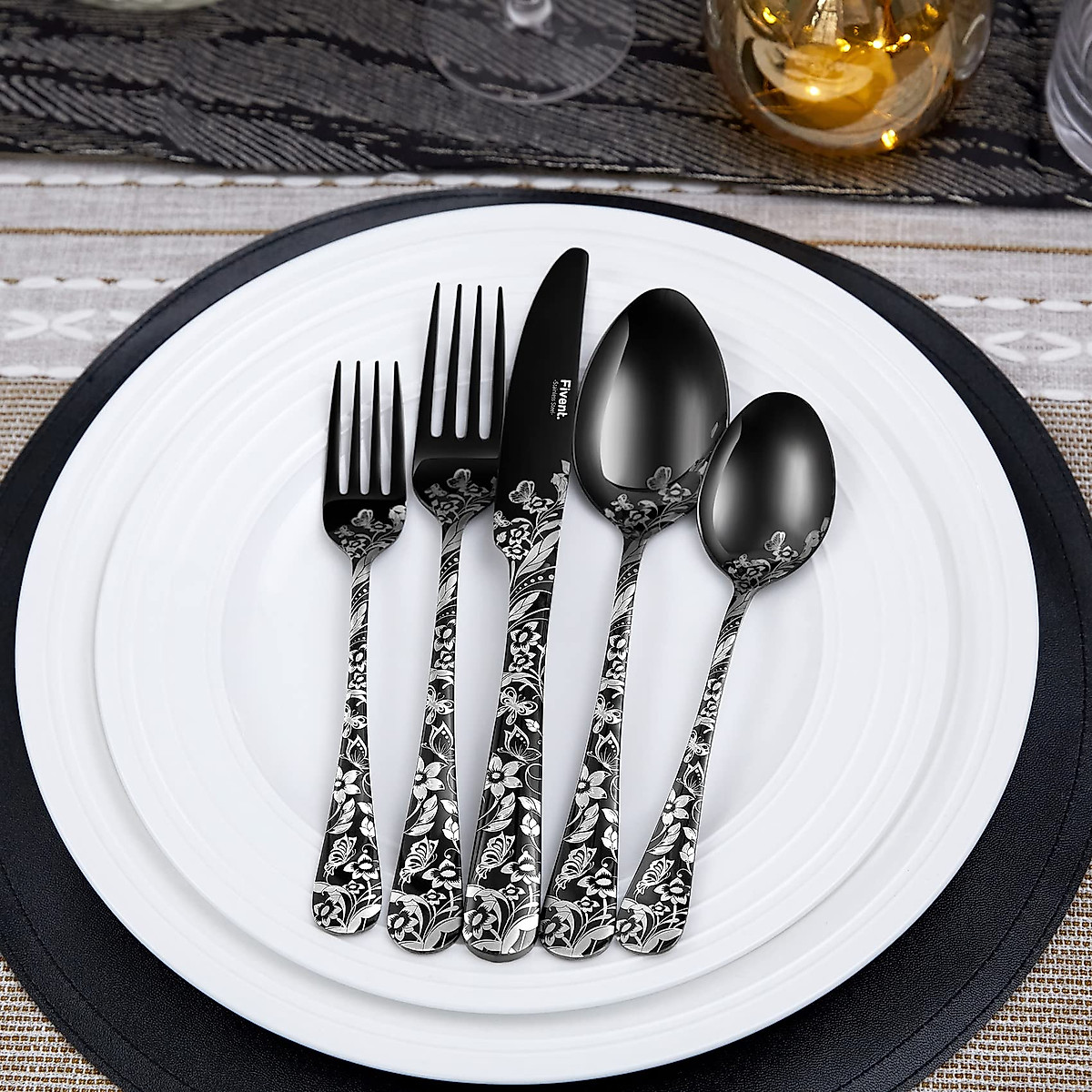 Fivent Halloween Black Cutlery Set - 20 pcs - Includes 8 x Spoons, 8 x Forks, 4 x Knife - Stainless Steel, Dishwasher Safe, Mirror Polished Tableware - Durable Flatware - Home Kitchen…