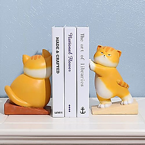 HyJeryty Cat Bookends for Kids, Lovely Resin Cartoon Cat Bookends Door Stopper, Cool Bookends for Heavy Books, Unique Book Holders with Anti-Slip Base (Big Orange)