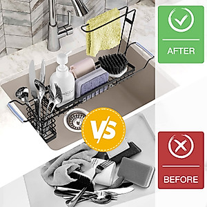 LOLOST Sponge Holder for Kitchen Sink, Expandable (16.7"-21.3") Sink Caddy Sink Organizers, Stainless Steel 4-in-1 Dish Sponges Brush Soap Holder with Dishcloth Towel Knife Holder Black