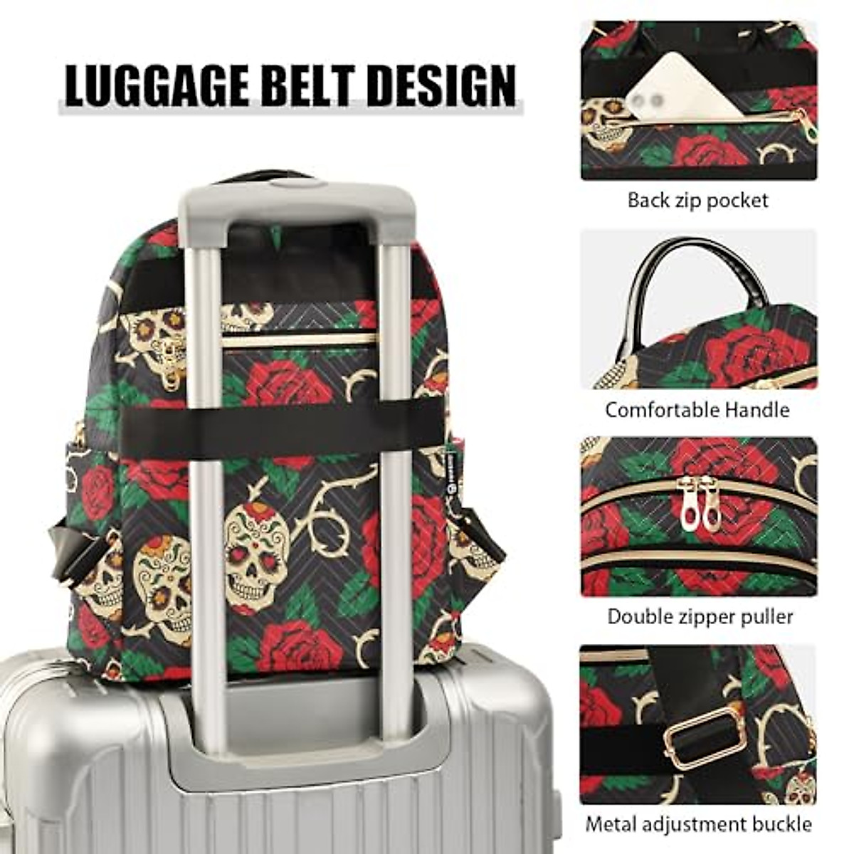 Yasala Halloween Women Backpack Sugar Skull Vivid Flower Leaves Travel Bag Compact Daily Bag Diaper Bag