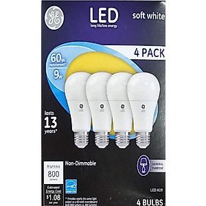 General Electric 61986 4PK WHT 4 Pack 9W Soft White A19 Shape LED Light Bulb, 4 Count (Pack of 1)