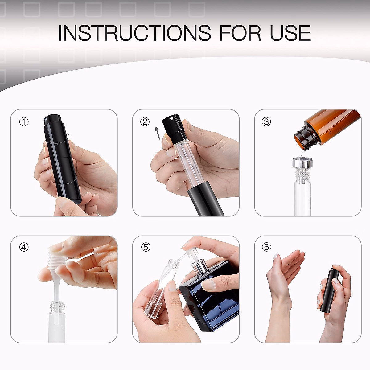 LISAPACK 8ML Atomizer Perfume Spray Bottle for Travel (2 Pack), Empty Cologne Dispenser, Portable Sprayer (Glossy Black&Silver)