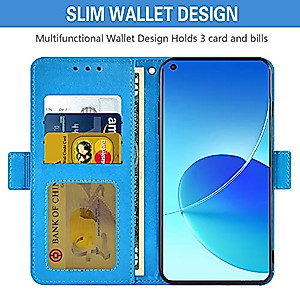Asuwish Compatible with Oppo Reno 6 5G Wallet Case and Tempered Glass Screen Protector Credit Card Holder Flip Purse Accessories Wrist Strap Stand Folio Cell Phone Cover for Reno6 2021 Women Men Blue
