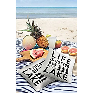 Outdoor Waterproof Pillow Covers for Patio Furniture Life is Better at The Lake Decorative Throw Pillow Cover Plants Living Quote Pillowcases Set of 2 Cushion Case for Sofa Couch Chair 18 x 18 in