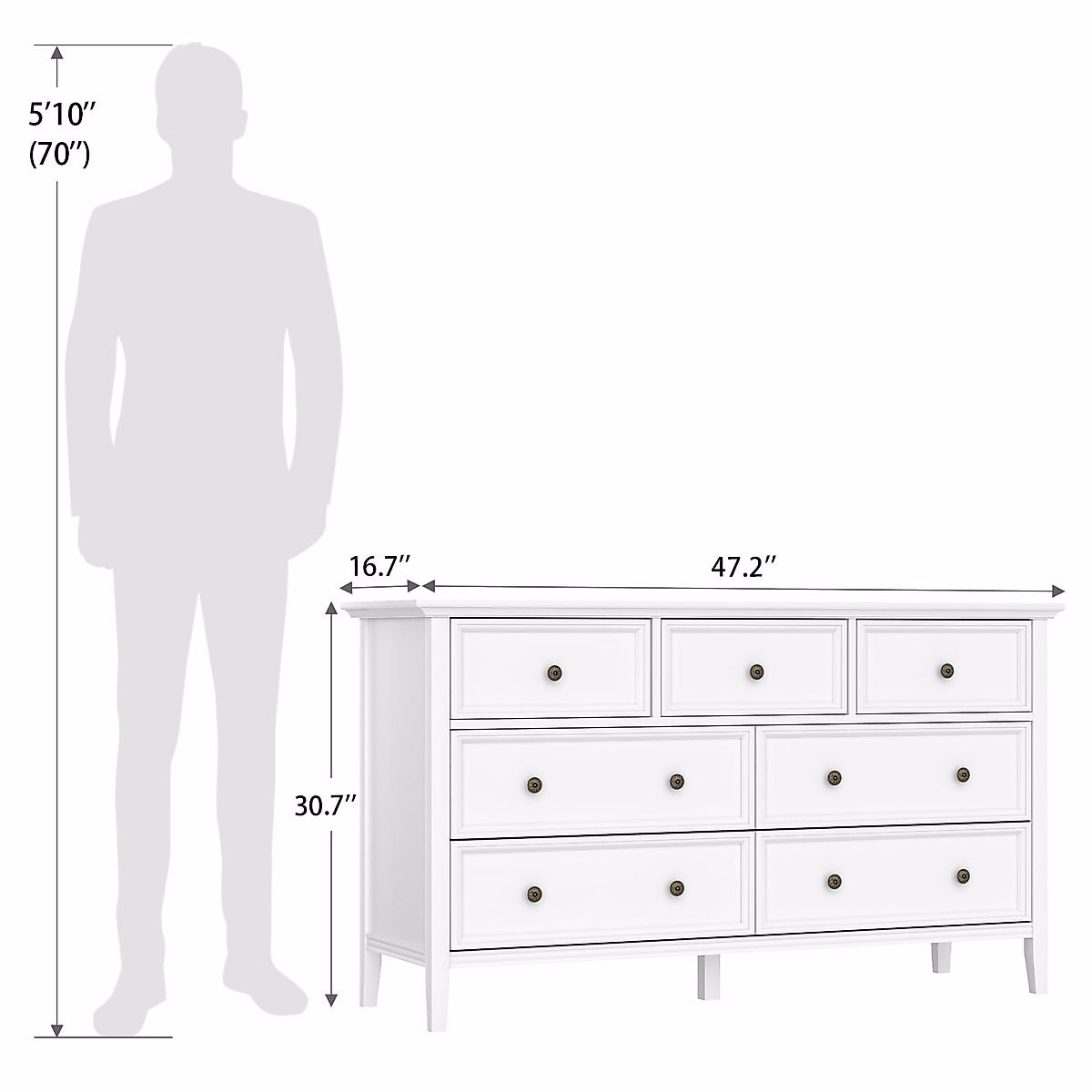IKENO White 7 Drawer Dresser for Bedroom, Modern Solid Wood Large Storage Cabinet, Simple White Chest of Drawer for Bedroom Living Room Hallway Entryway (White)