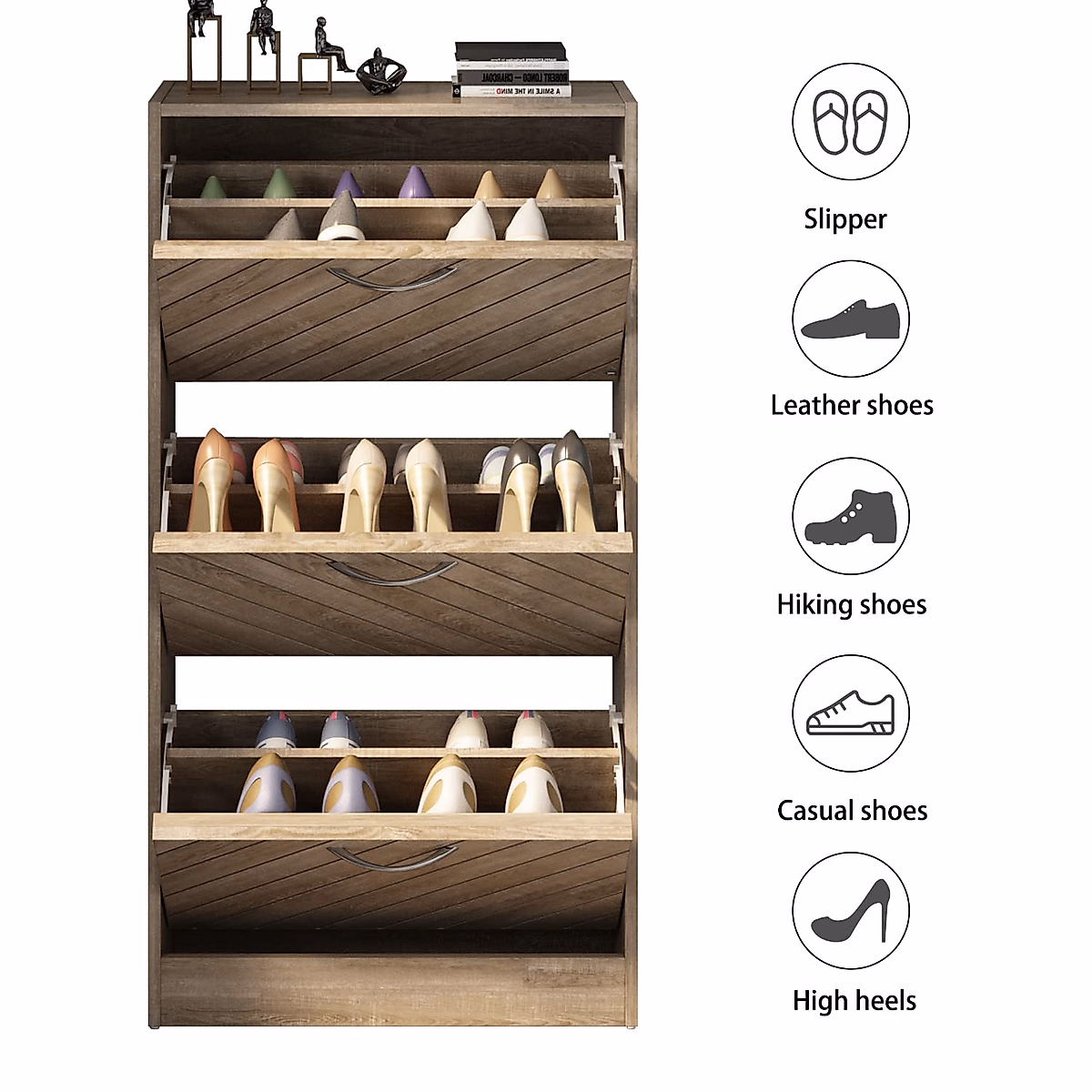 Hitow Shoe Storage Cabinet, Narrow Shoe Cabinet with 3 Drawers & Shutter Doors, Small Space Entryway Freestanding Shoe Rack with Adjustable Shelf, Natrual (22.4" W x 9.4" D x 42.3" H)