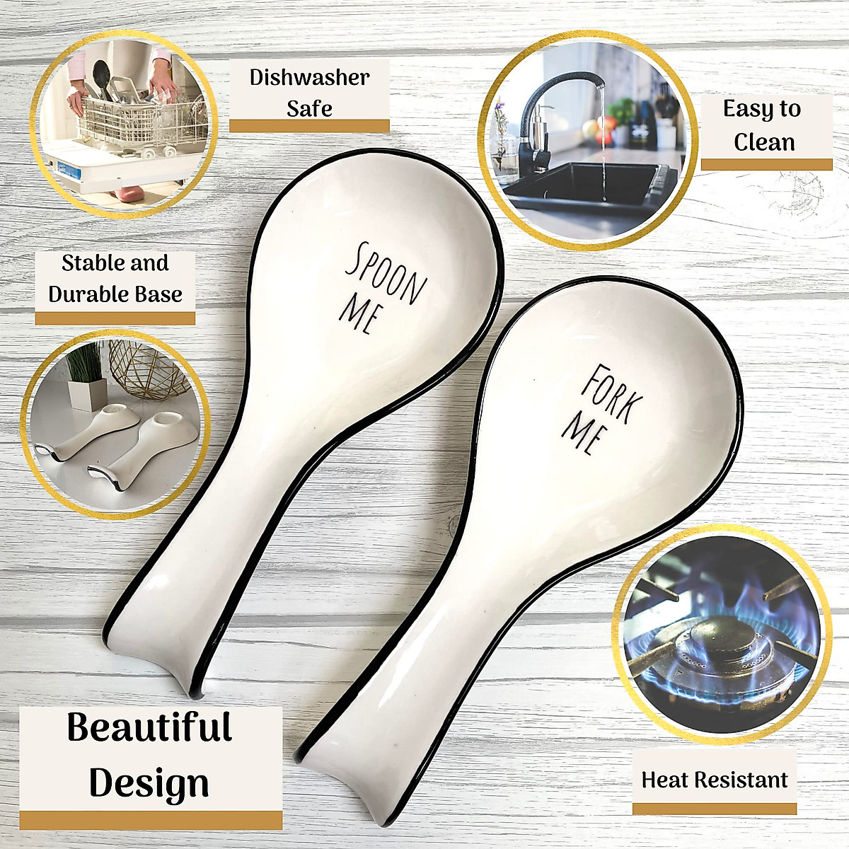 OAKOA 2 Pack Spoon Rest for Stove Top - Fork Me Spoon Me - Kitchen Spoon Holder for Kitchen Counter - Ceramic Ladle Holder - White Utensil Rest for Countertop - Cute Funny Farmhouse Spatula Holder