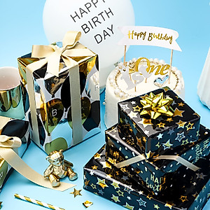 LeZakaa Birthday Wrapping Paper Roll - Mini Roll - Metallic Foil with Balloon, Star and Happy Birthday Lettering - 17 x 120 inches, 3 Rolls (42.5 sq.ft.ttl.)