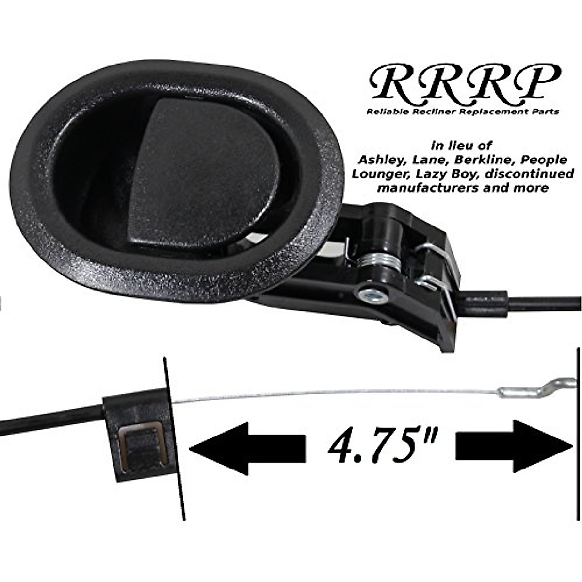 Reliable Recliner Replacement Parts - Universal Small Oval Black Plastic Pull Recliner Handle 3" by 3.5" with Cable - Exposed Cable Length (4.75") Length 36" Couch Style Pull Chair Release Handle Sofa