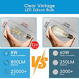 Jensense Edison LED Light Bulbs 8Watt Dimmable Light Bulbs 5000K Daylight White, E26 LED Bulb 60watt Equivalent, LED Vintage Bulbs 800lm CRI 90 Clear Glass 6 Packs