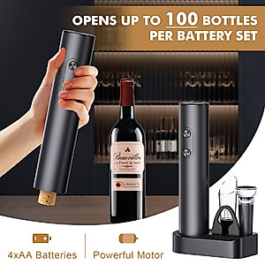 [5-IN-1] Electric Wine Opener, Battery Operated Wine Bottle Opener with Foil Cutter, Wine Aerator, Vacuum Stopper&Storage Base, Automatic Corkscrew, Ideal Wine Accessories for Wine Lovers, Matt Black