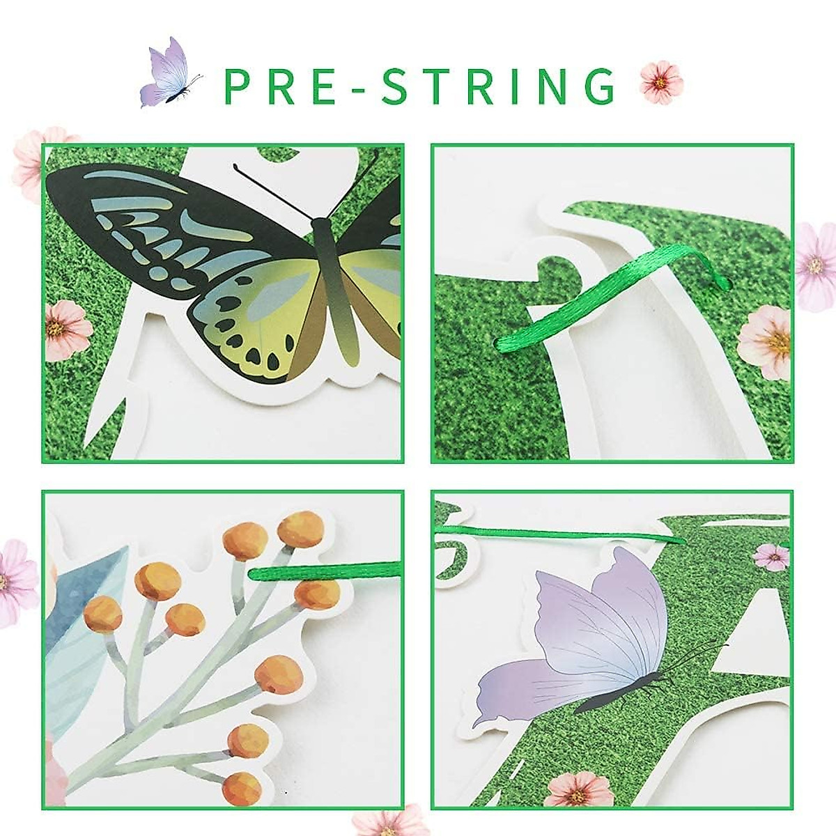 SUNBEAUTY Spring Happy Birthday Banner Green Spring Butterfly Flowers Banner Summer Spring Butterfly Birthday Party Decorations | Pre-Strung