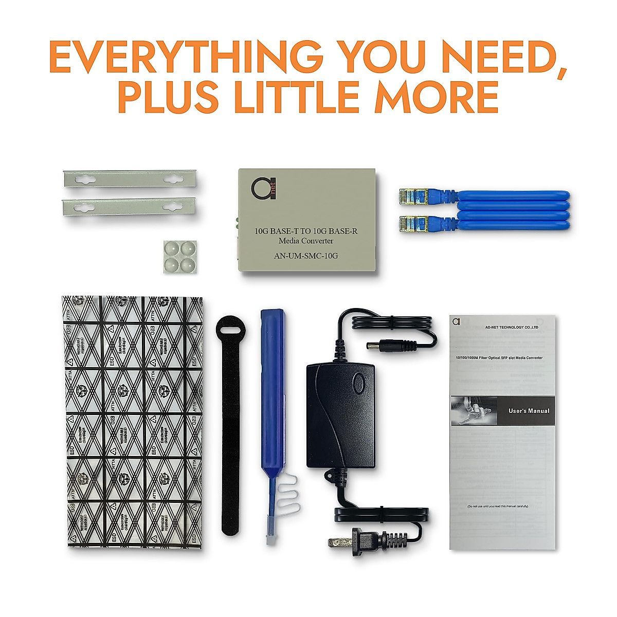 ADnet 10 Gigabit Fiber to 10G Copper UTP Ethernet Media Converter - Open SFP+ 10Gb Slot - 10G Base-T to 10G Base-R - Cat7 UTP 1m Cable in Set - 10 Gbps Gbit Fiber Optic Converter