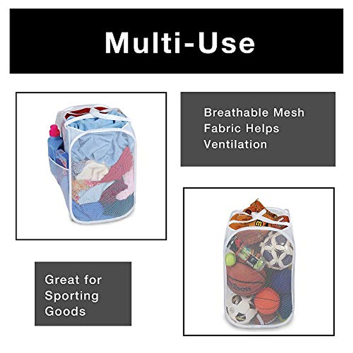 Smart Design Pop Up Laundry Hamper with Easy Carry Handles and Side Pocket - Durable Mesh Fabric - Collapsible Design - Clothes and Laundry - Home Organization - Holds 2 Loads - 13 x 21 Inch - White