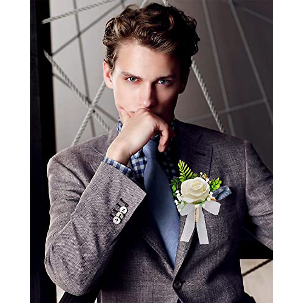 Ivory Rose Wrist Corsage Wristlet Band Bracelet and Boutonniere Set for Men Women Bride Bridesmaid Wedding Prom Flowers Accessories (6 Boutonnieres)