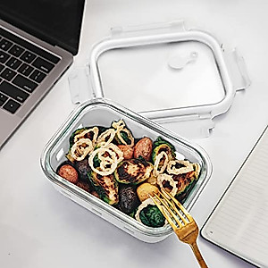 GENICOOK Borosilicate Tempered Glass Food Storage Containers with Glass Lids - Food Grade Silicone Wrap & Air Release Vent, Rectangular shape - 8 Pc Set (4 Containers - 4 Matching Lids) White