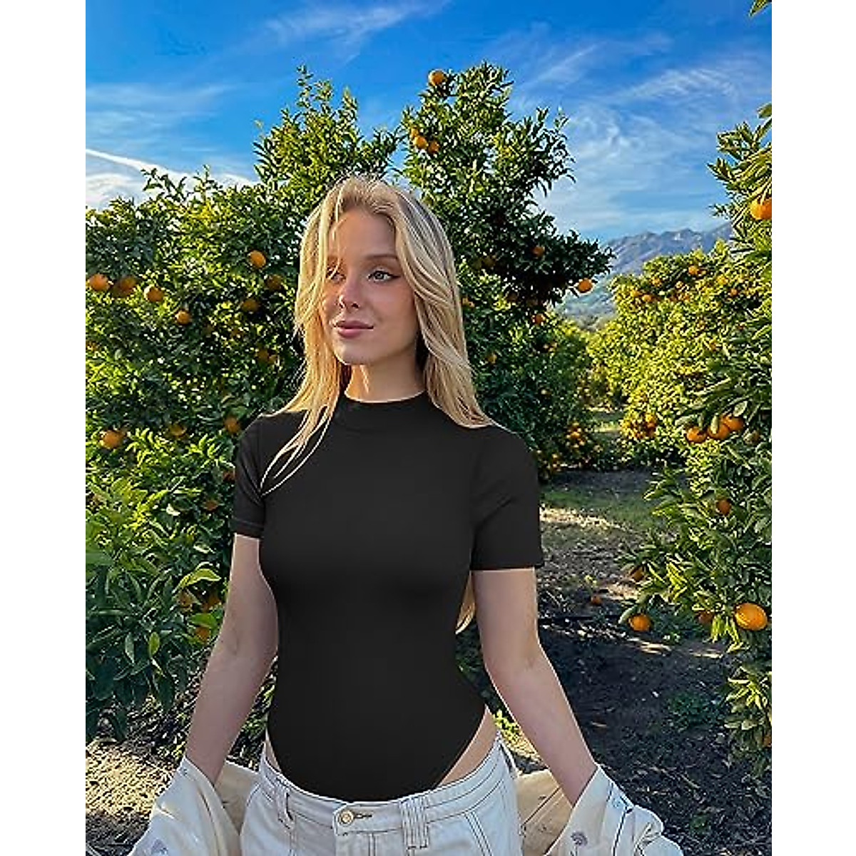 TOB Women's 2 Piece Bodysuits Sexy Ribbed High Neck Short Sleeve Tops Bodysuits Black Beige