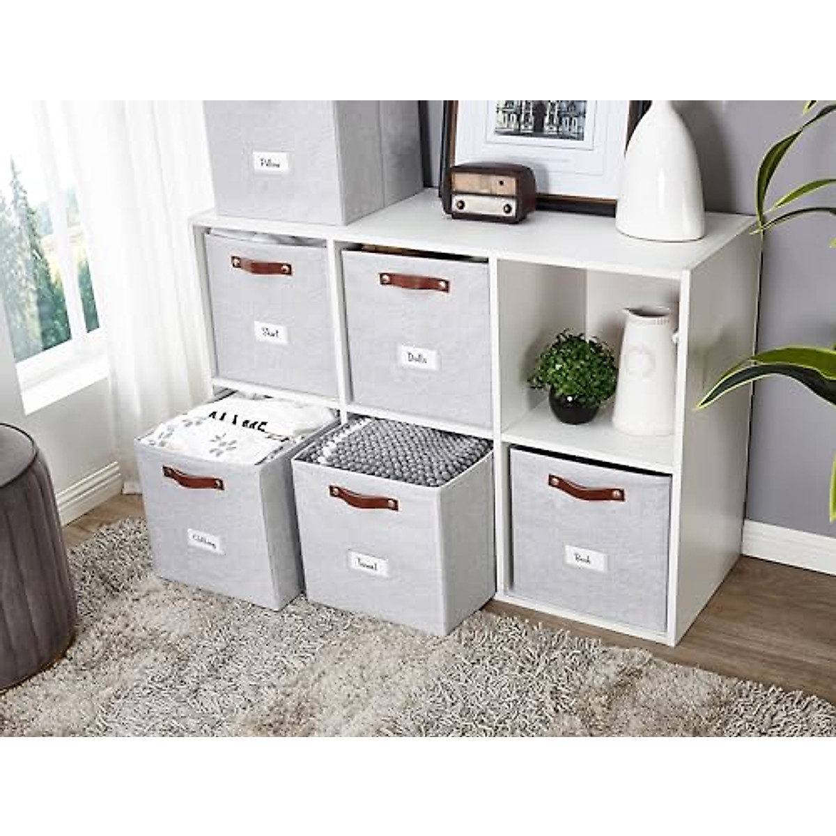 DECOMOMO Storage Baskets 13x15x13 Storage Cube Bins with Label Holders, Kallax Storage Cubes for Organizing Shelves Nursery Toy (Kallax / 4pcs, Light Textured Grey)