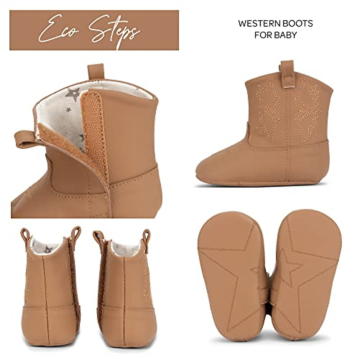 JuJuBe Eco Steps Baby Booties, Western Cowgirl or Cowboy Boots for Babies & Infants, Baby Boy or Baby Girl Shoe, Machine Washable Vegan Leather Baby Shoes, Brulee Brown - 6-9 Months