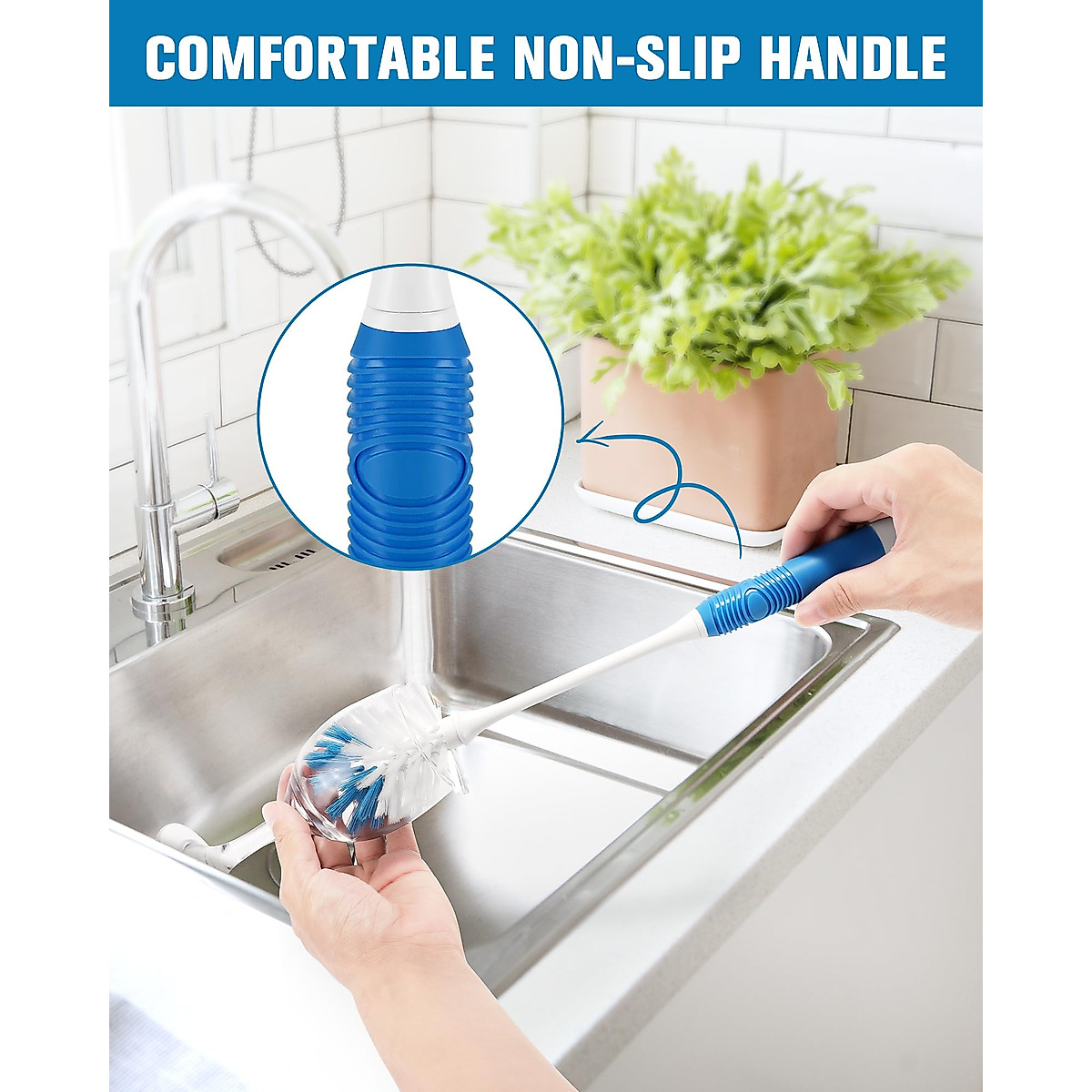 YeuDeuy Long Handle Bottle Brush, Bottle Brush Cleaner with Dual Function Bristles for Water Bottles, Glasswares, Mugs, Thermoses, Baby Bottles, Blue 3 Pack