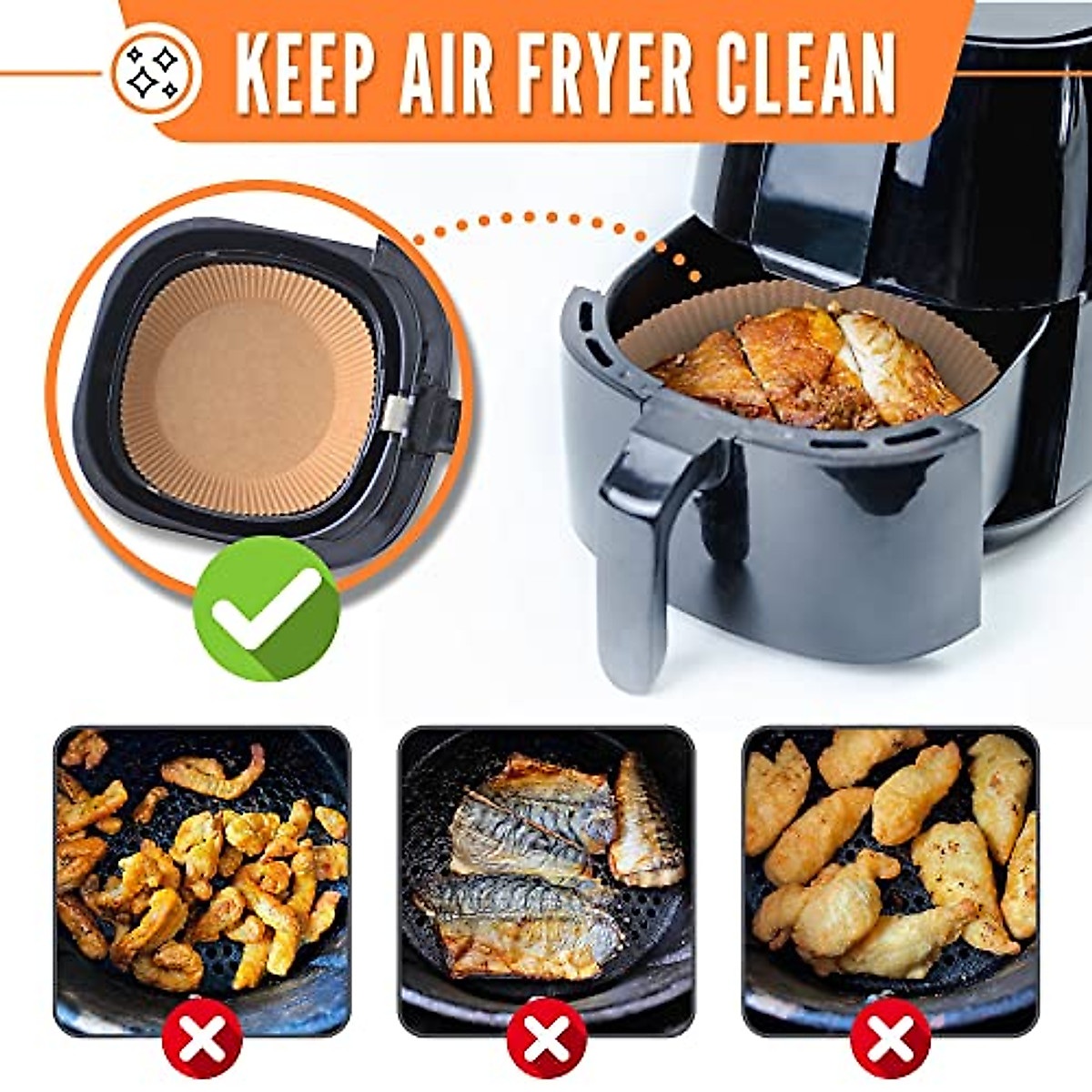 Air Fryer Liners XL FAMILY SIZE, 100 Pcs, 9.06-inch Internal Diameter Disposable Paper Liner for Baking Frying Grilling Roasting Microwave - Unbleached Non-Stick Oil-proof. For ROUND &/SQUARE Fryers