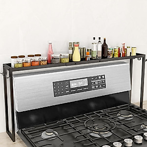 STWWO Over the Stove Shelf, 31.5" Stove Top Shelf Spice Rack, Kitchen Countertop Organizer with 6 Hooks, Seasoning Organizer, Black