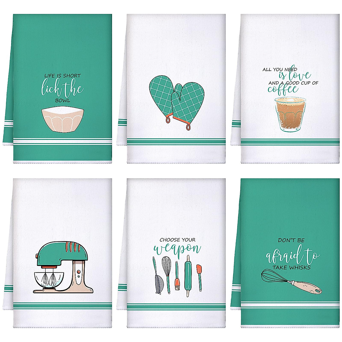 Bencailor 6 Pcs Kitchen Towels Absorbent Dish Towels Decorative Tea Towels Fast Drying Dish Cloths Hanging Reusable Cleaning Dishcloths for Cooking Baking Housewarming (Teal,Baking)