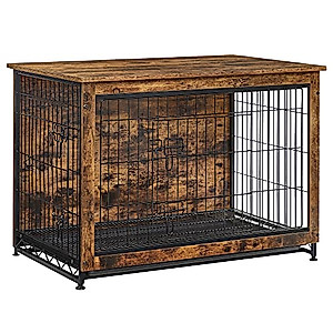 FEANDREA Dog Crate Furniture, Side End Table, Modern Kennel for Dogs Indoor up to 70 lb, Heavy-Duty Dog Cage with Multi-Purpose Removable Tray, Double-Door Dog House, Rustic Brown UPFC003X01