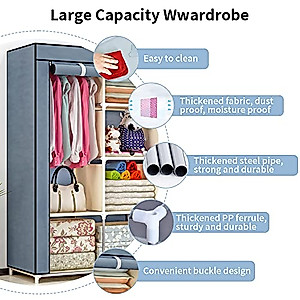 QLFJ-FurDec Portable Wardrobe Closet, 47 Inch Clothes Storage Organizer Shelves Rack, Non-Woven Fabric Cover Standing Closet with 2 Hanging Rods, Extra Durable, Quick and Easy Assembly(Gray)