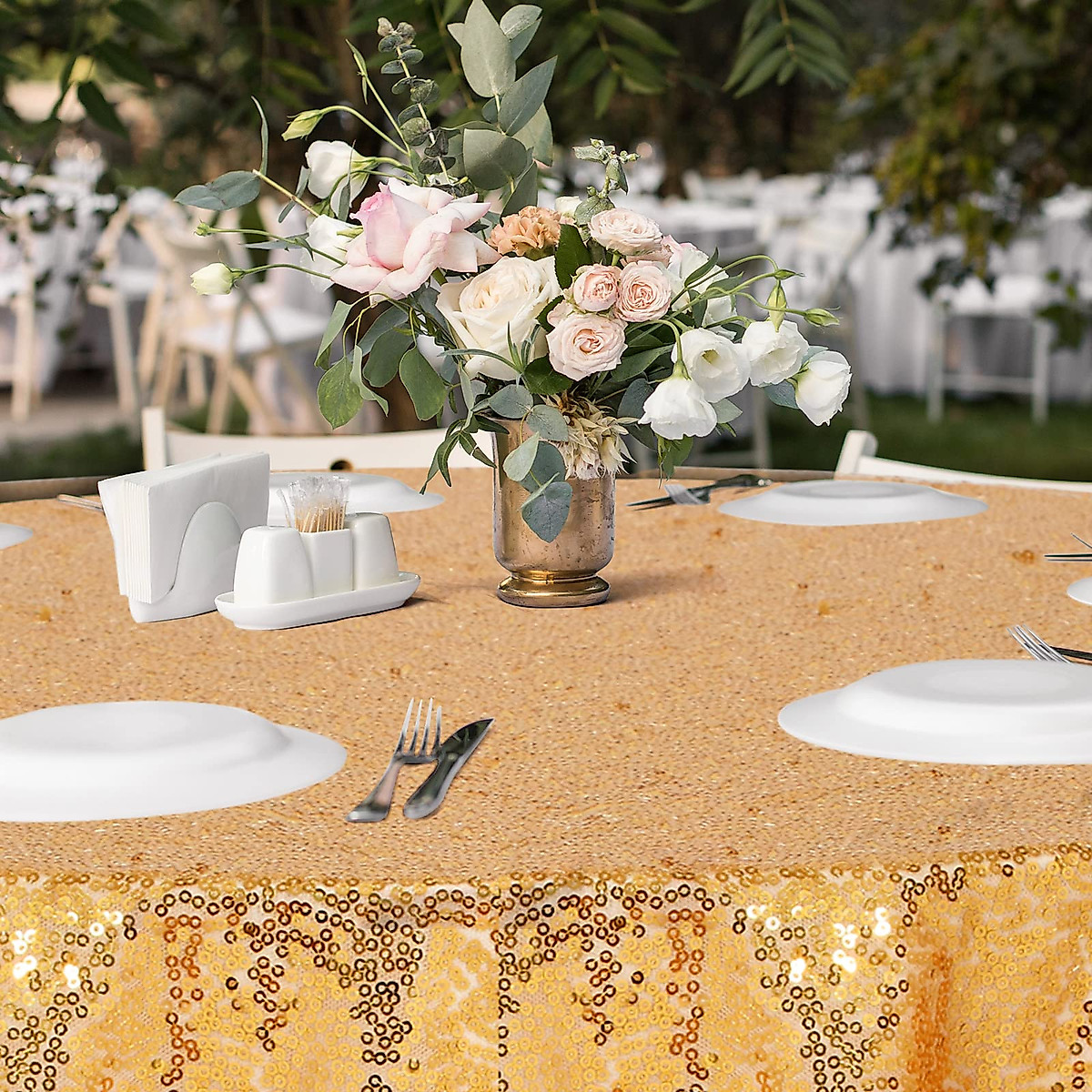 Moukeren 10 Pcs 50''x50'' Square Sequin Tablecloth Glitter Tablecloth Overlays Sequin Table Cover for Bridal Shower, Wedding Birthday, Wedding, Dessert, Banquet Decorations (Gold)