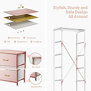 YILQQPER Dresser for Bedroom with 5 Drawers, Tall Storage Tower for Closet, Living Room, Nursery, Pink Dresser for Girl with Sturdy Steel Frame, Fabric Bins, Leather Finish, Wood Top, Pink