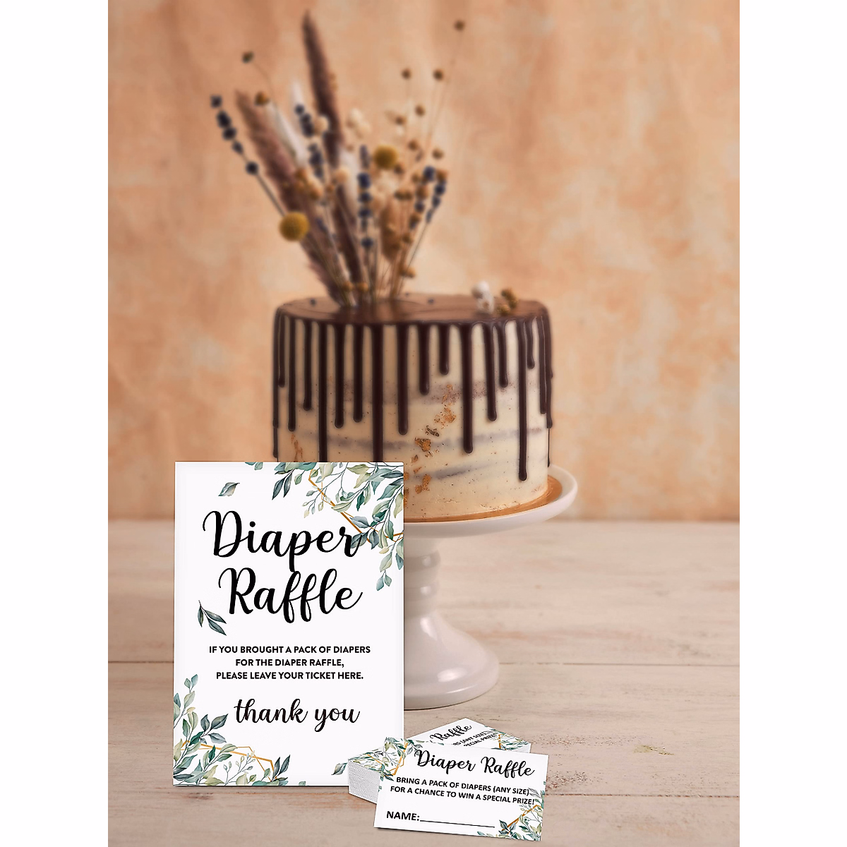 Gihyan Diaper Raffle Baby Shower Game Set(1 Standing Sign + 50 Guessing Cards), Greenery Diaper Raffle Tickets for Baby Shower, Gold Foil Baby Shower Party Favor Decor - A04