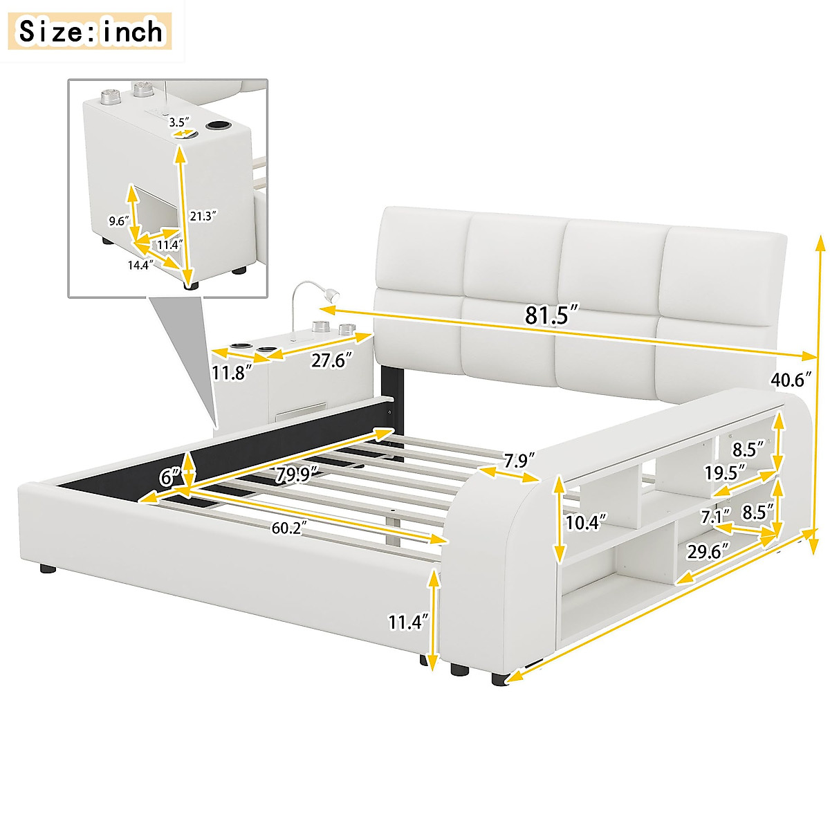 EOVTK Queen Size Upholstered Platform Bed with Built-in Multimedia Nightstand and Storage Shelves, Faux Leather Platform Bed Frame with 2 Cup Holders, Light and Charging Station, White