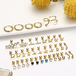 Drperfect Stainless Steel Stud Earrings for Women Men CZ Butterfly Heart Cross Opal Star Moon Lightning Bolt Flat Back Earrings Cartilage Earrings Stud Hoop Set Helix Tragus Conch Rook Daith Earrings