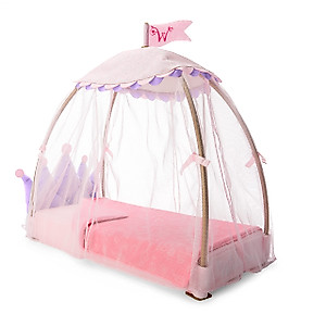 American Girl WellieWishers 14.5-inch Doll Royal Canopy Bed Playset with Mesh Drapes, Flag, and Blanket, For Ages 4+