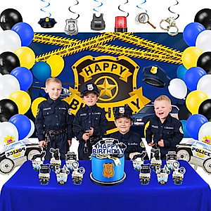 LXlucktim Police Birthday Party Supplies, 159 Pcs Police Cars Party Decorations for Girl Boy Baby - Backdrop, Cake, and Cupcake Toppers, Balloons, Cupcakes Wrappers, Hanging Swirls