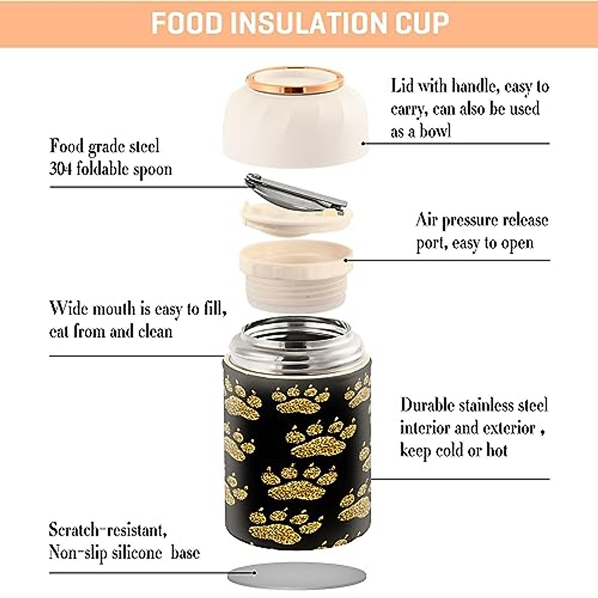 CUPADA Dog Paw Print Food Jar for Hot and Cold, Golden Glitter Insulated Food Jars Vacuum 17OZ with Folding Spoon for Work Trip Picnic Camping